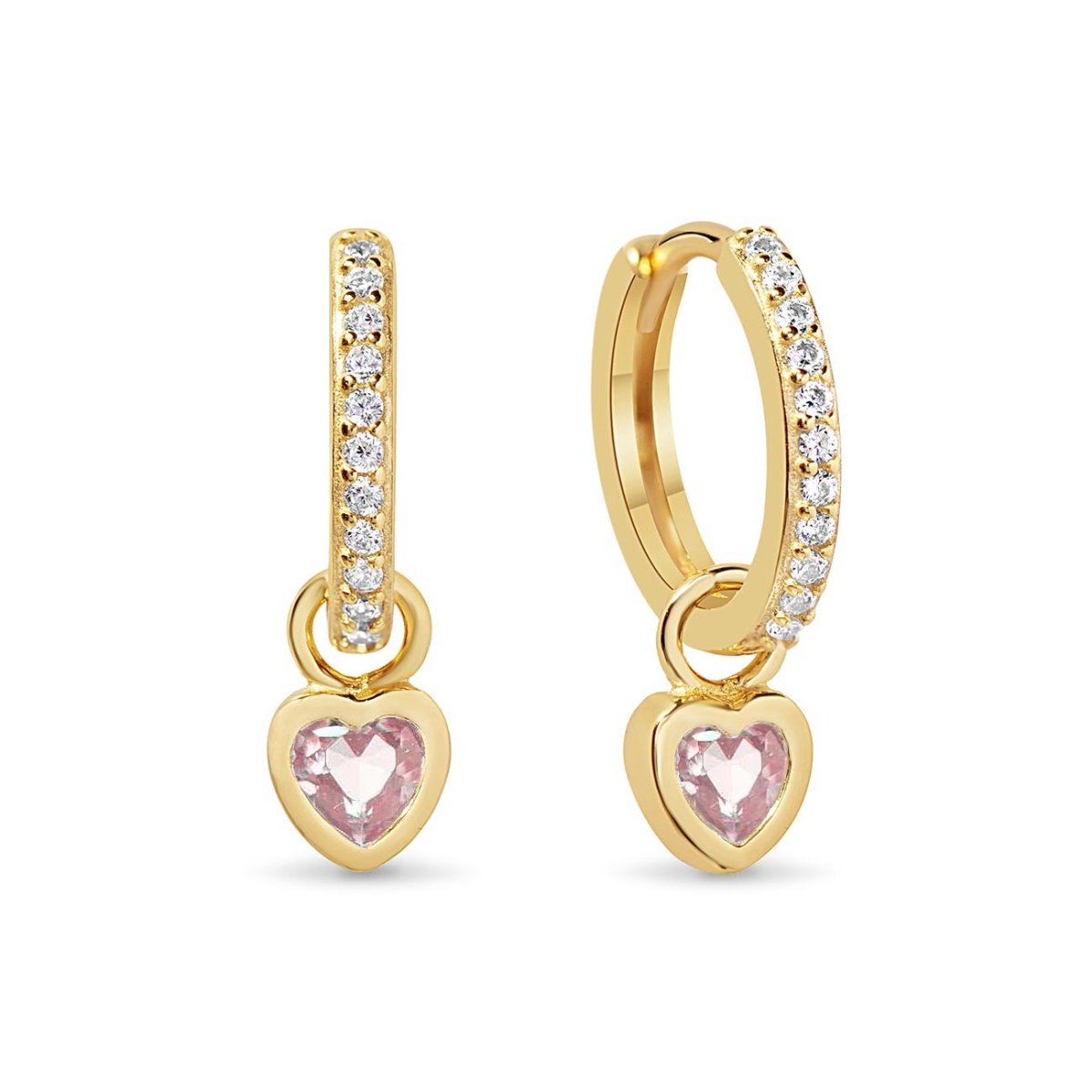 Gold Huggies, Dangling Heart Pavé Huggie Hoops Pink Sapphire