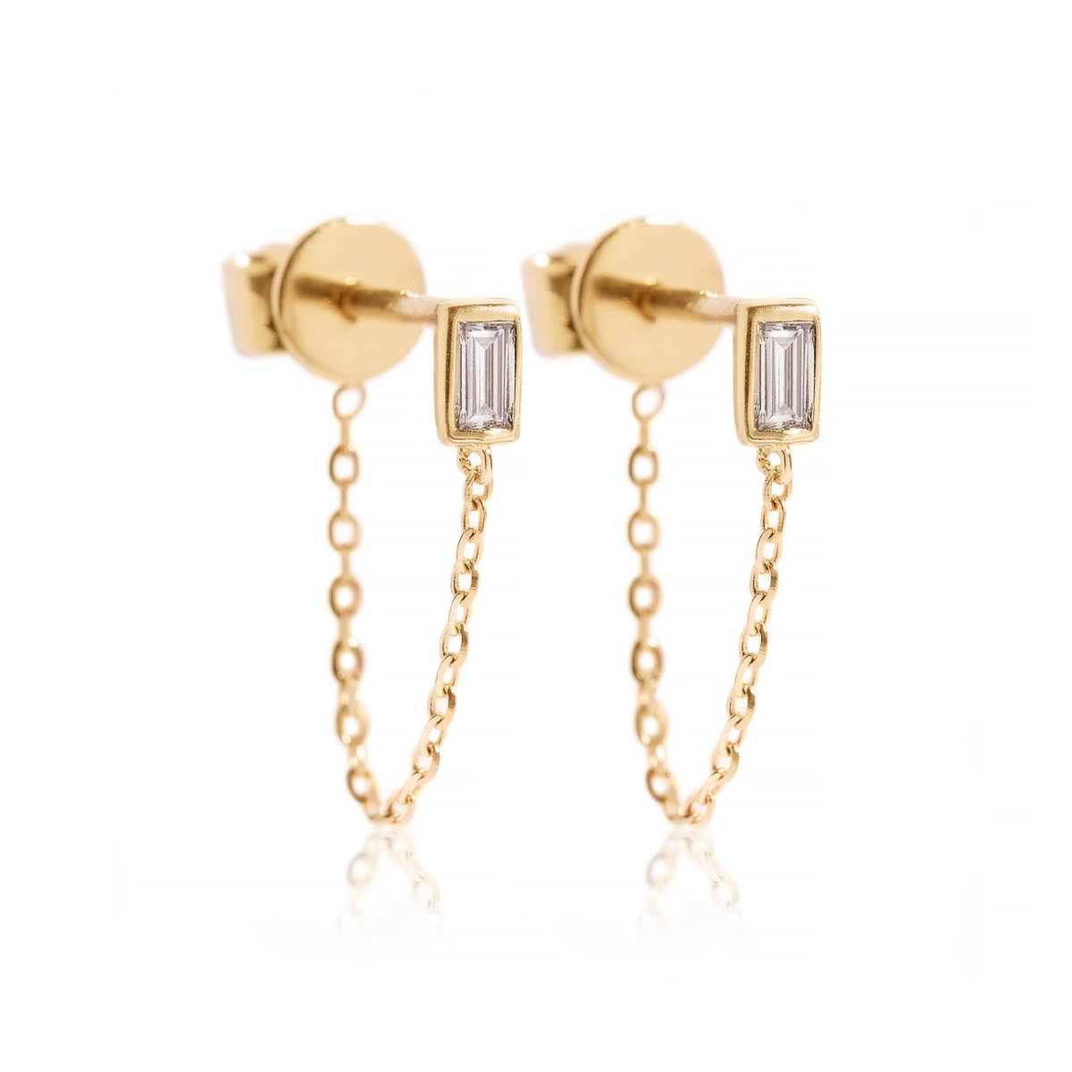 14K Gold Chain Earrings, Baguette Diamond Chain Earrings