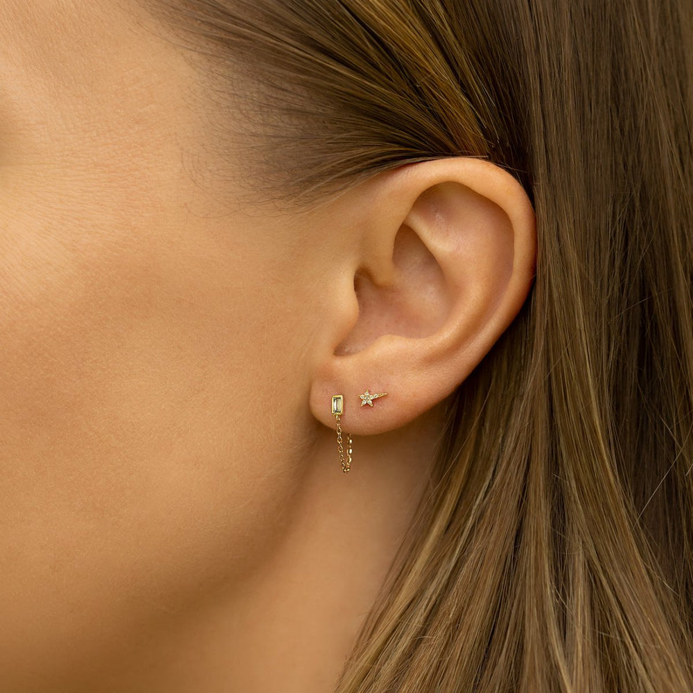 14K Gold Chain Earrings, Baguette Diamond Chain Earrings