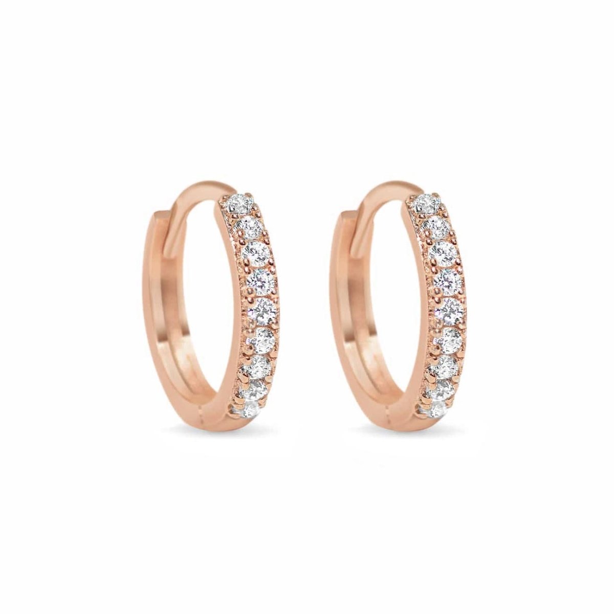 Rose Gold Huggie Earrings, Thin Pavé Huggie Hoops