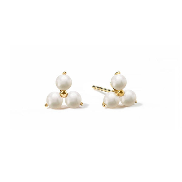 Solid Gold Stud Earrings, Pearl Trinity Studs