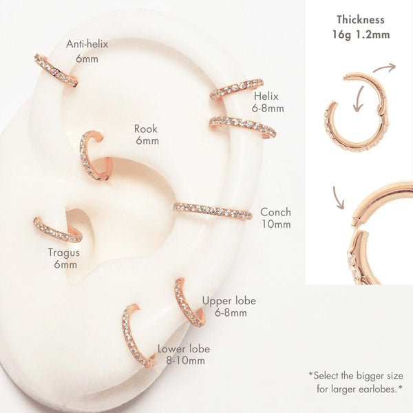 14K Rose Gold Cartilage Jewelry, Cartilage Pavé Hoop Earring